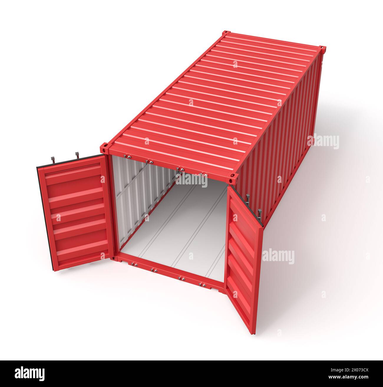 3d rendering of open empty red barge container with white insides ...