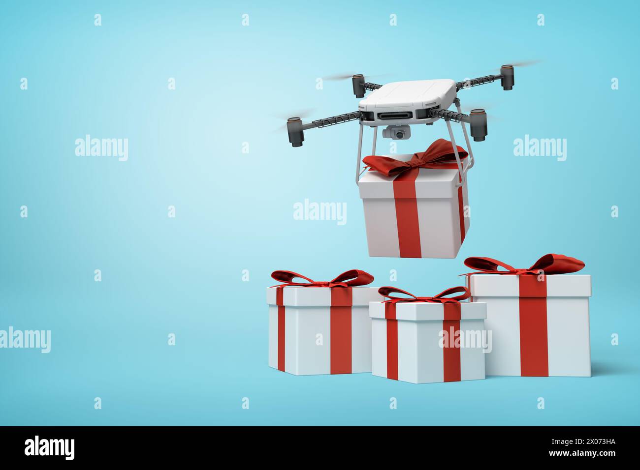3d rendering of drone with camera delivering white present box Stock ...