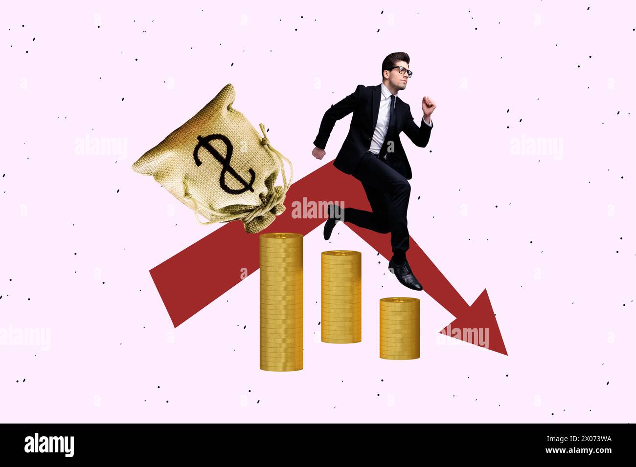 Creative collage running young businessman entrepreneur golden coins ...