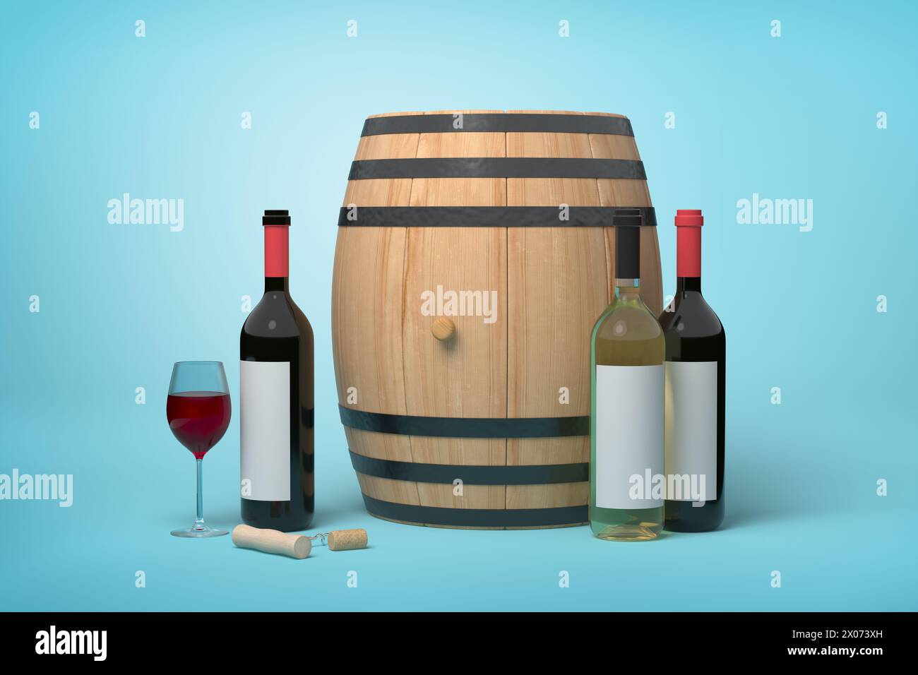 Classic wine barrel with glass and bottles Stock Photo - Alamy
