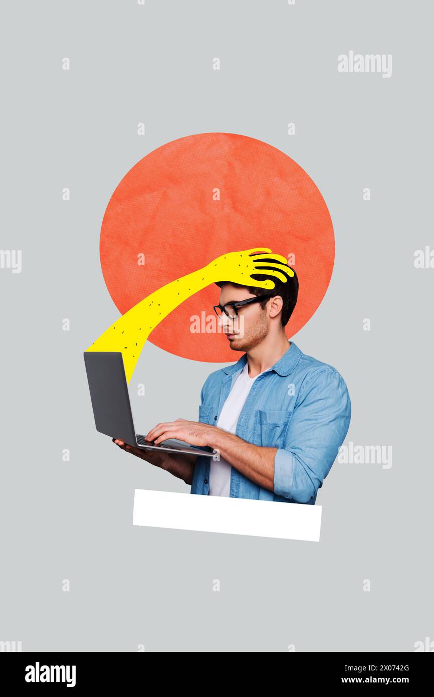 Vertical creative image collage young man computer user addicted social ...
