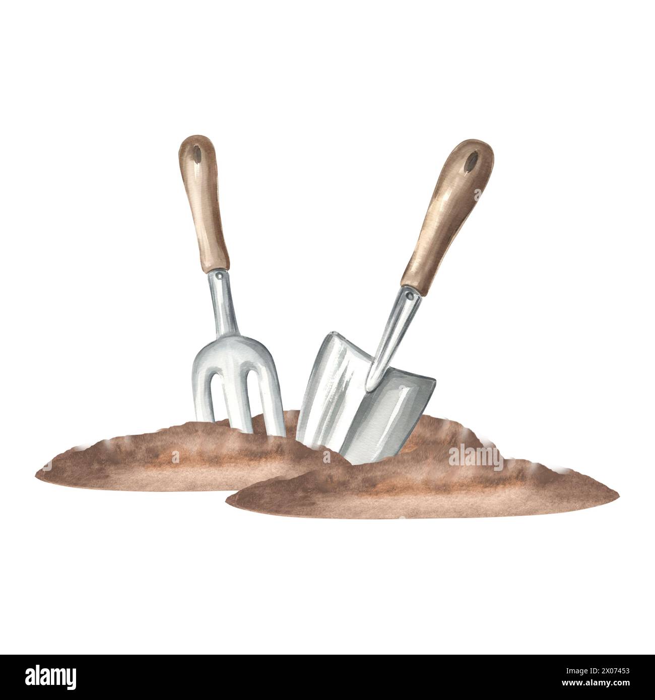 Trowel and rake in pile of soil. Garden tool for cultivating land ...