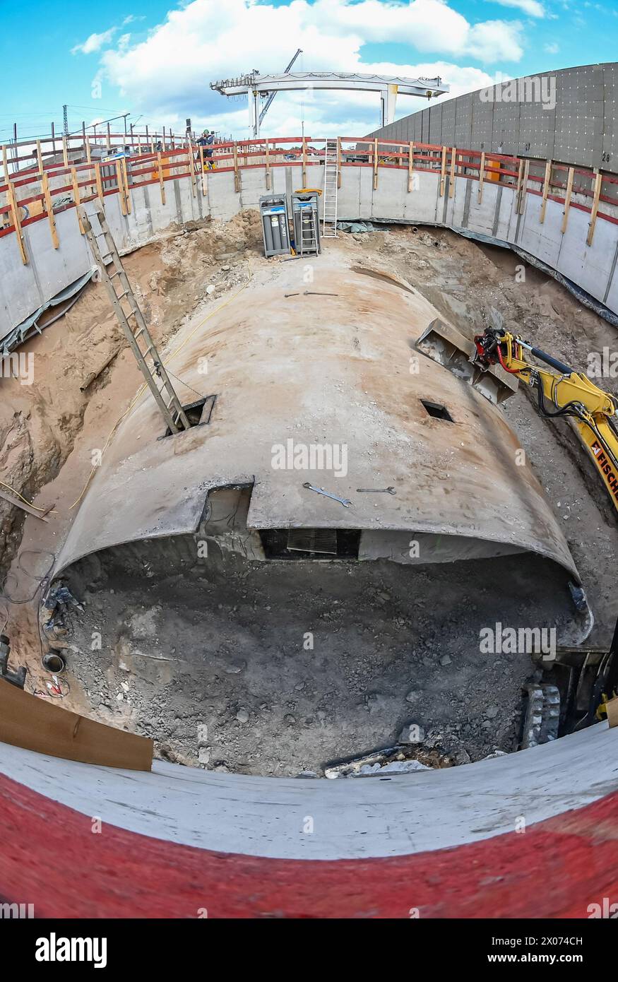 Rastatt, Germany. 10th Apr, 2024. View of part of the exposed tunnel boring machine at the ...