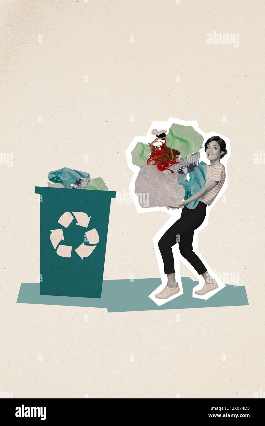 Creative vertical collage young responsible woman holding garbage sorts ...
