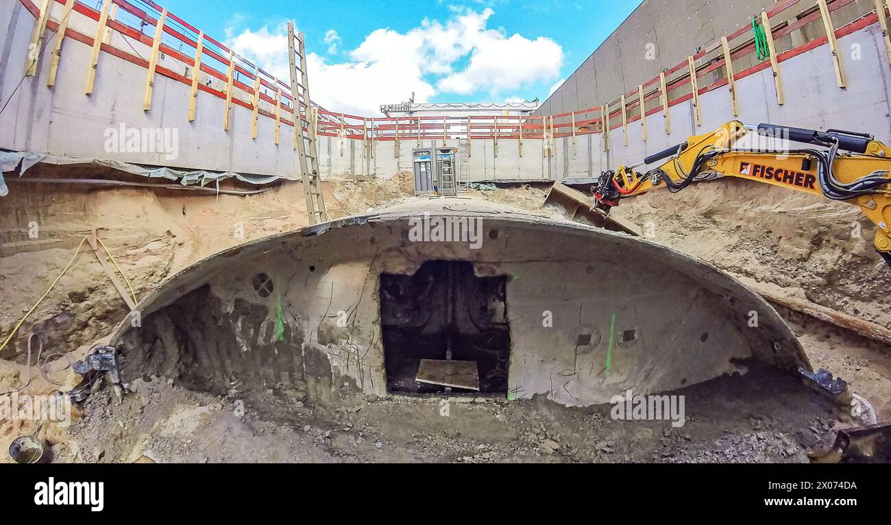 Rastatt, Germany. 10th Apr, 2024. View of part of the exposed tunnel boring machine at the ...