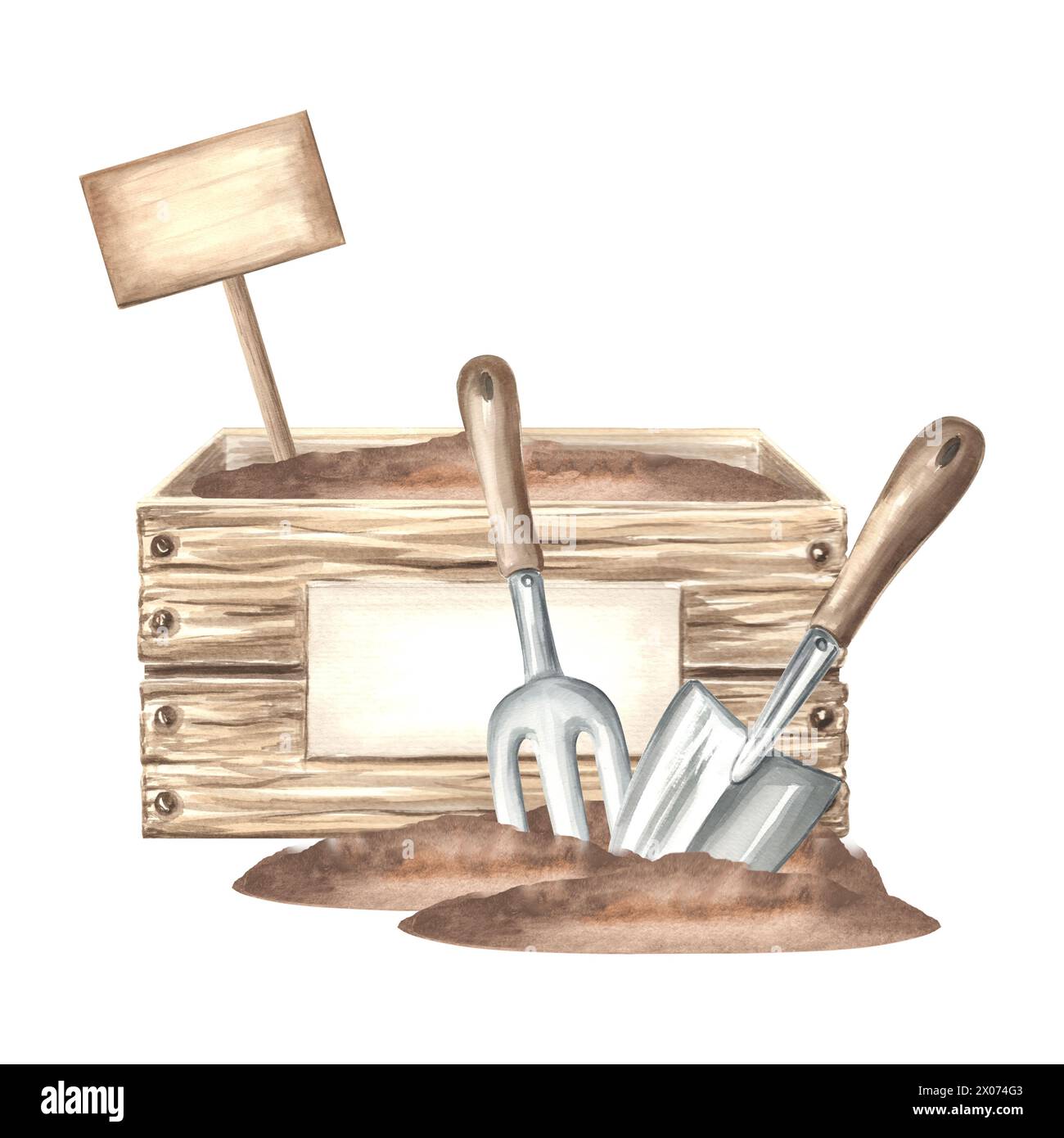 Gardening tools and supplies. Crate with ground, sign, trowel and rake ...