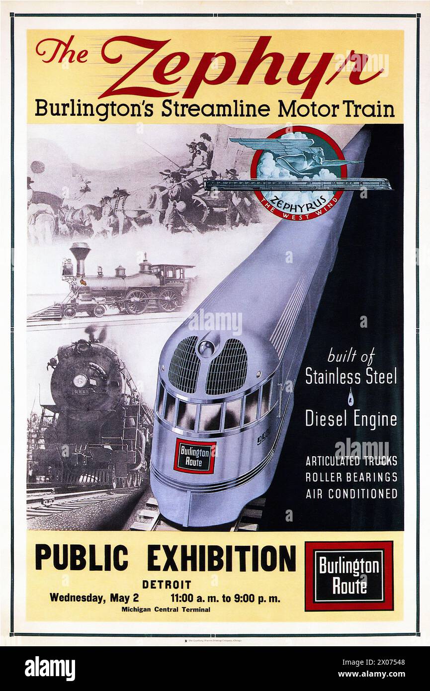 The Burlington Zephyr, 1934 - Vntage train advertising poster Stock ...