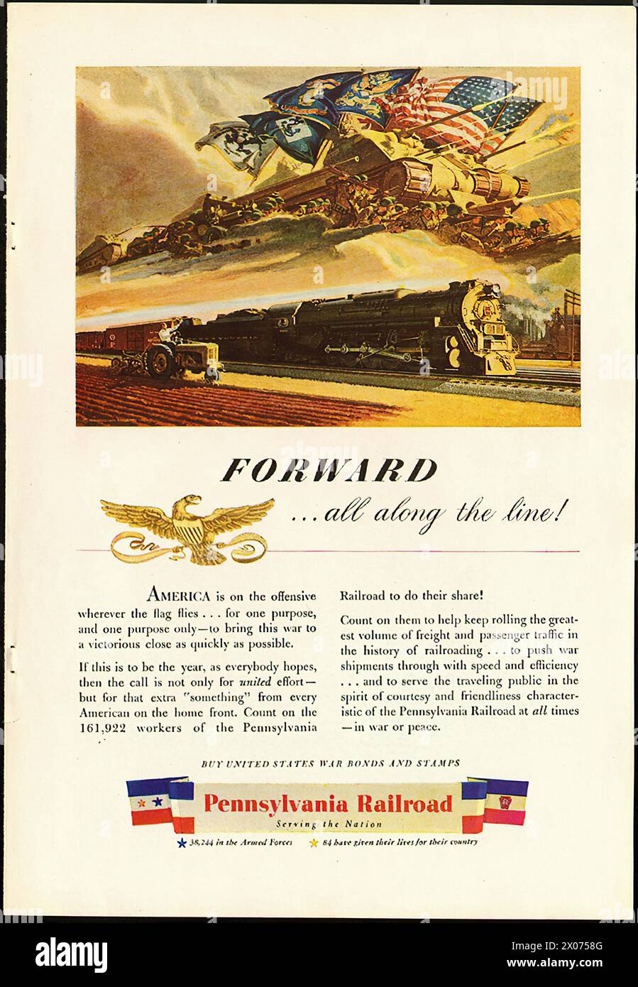 PRR ad 1944 - Vintage Train advertising poster Stock Photo - Alamy