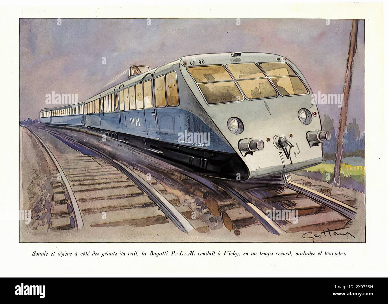 PLM Autorail Bugatti - Vintage train advertising poster Stock Photo - Alamy