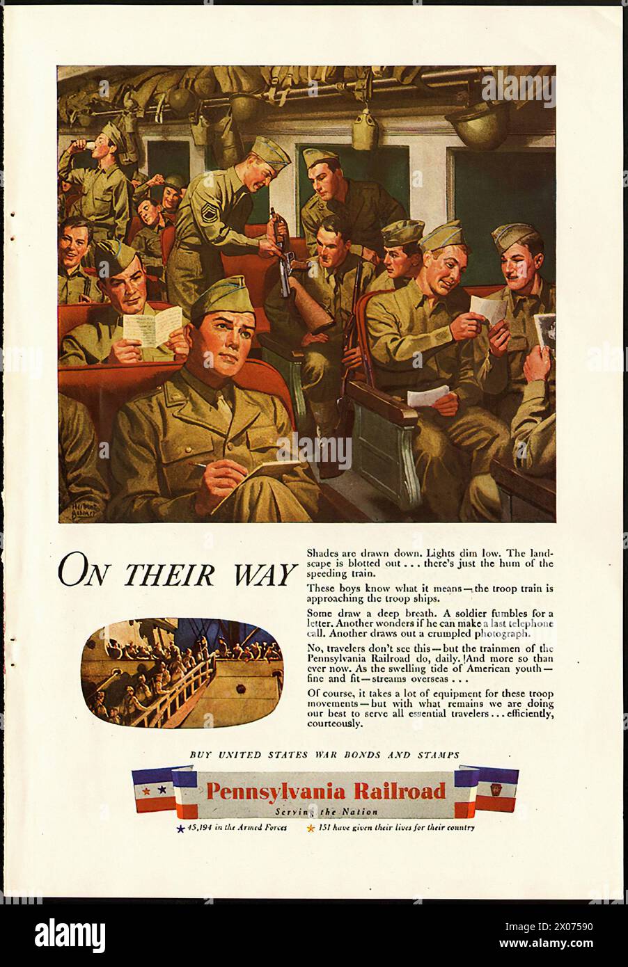 PRR ad 1944 - Vintage Train advertising poster Stock Photo - Alamy