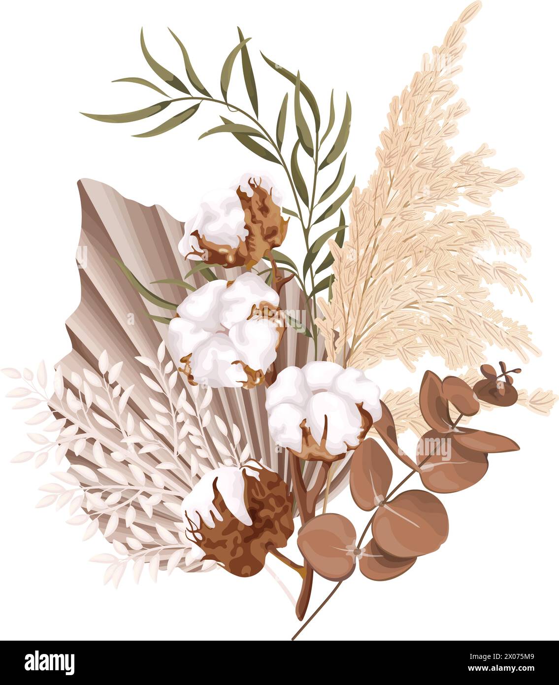 Tropical boho, bohemian bouquet with cotton flower, reed, eucalyptus ...