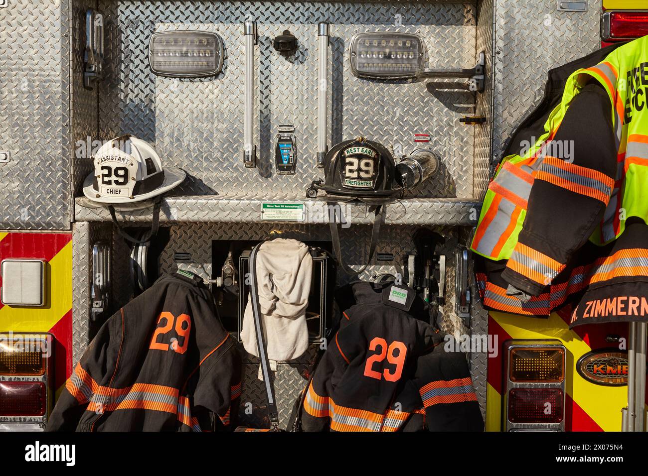 Fire truck with jackets and helmets, Brownstown, Pennsylvania, USA ...