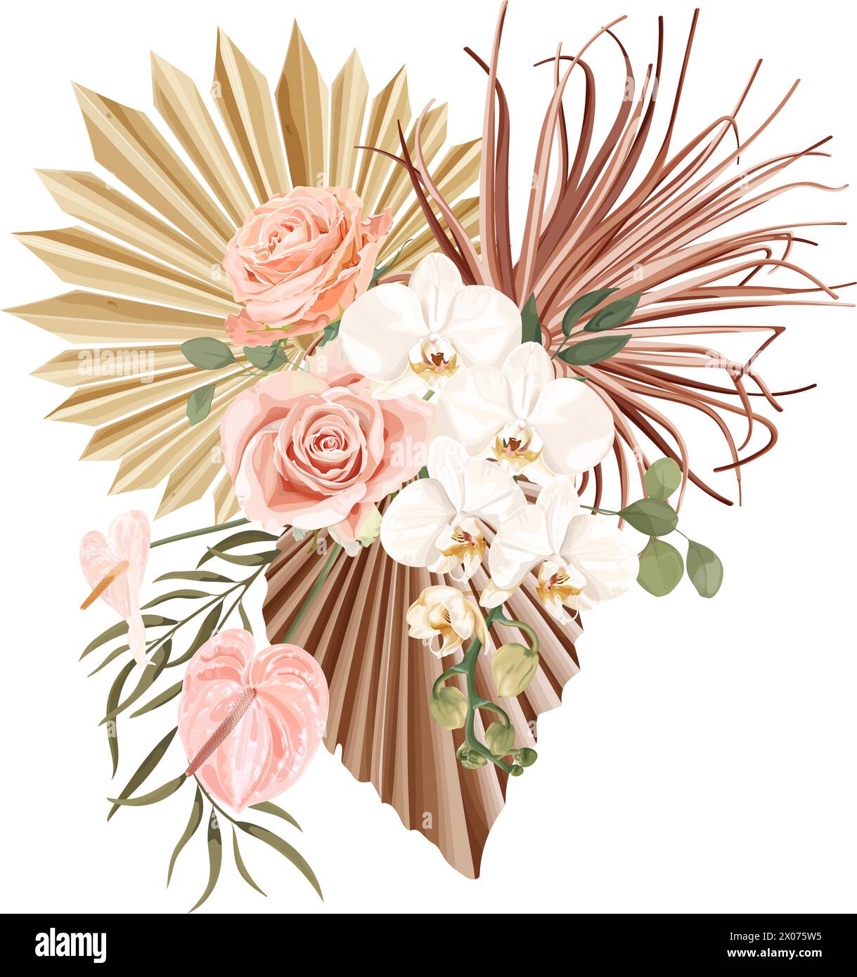 Tropical boho, bohemian bouquet with phalaenopsis orchid flower, pink ...