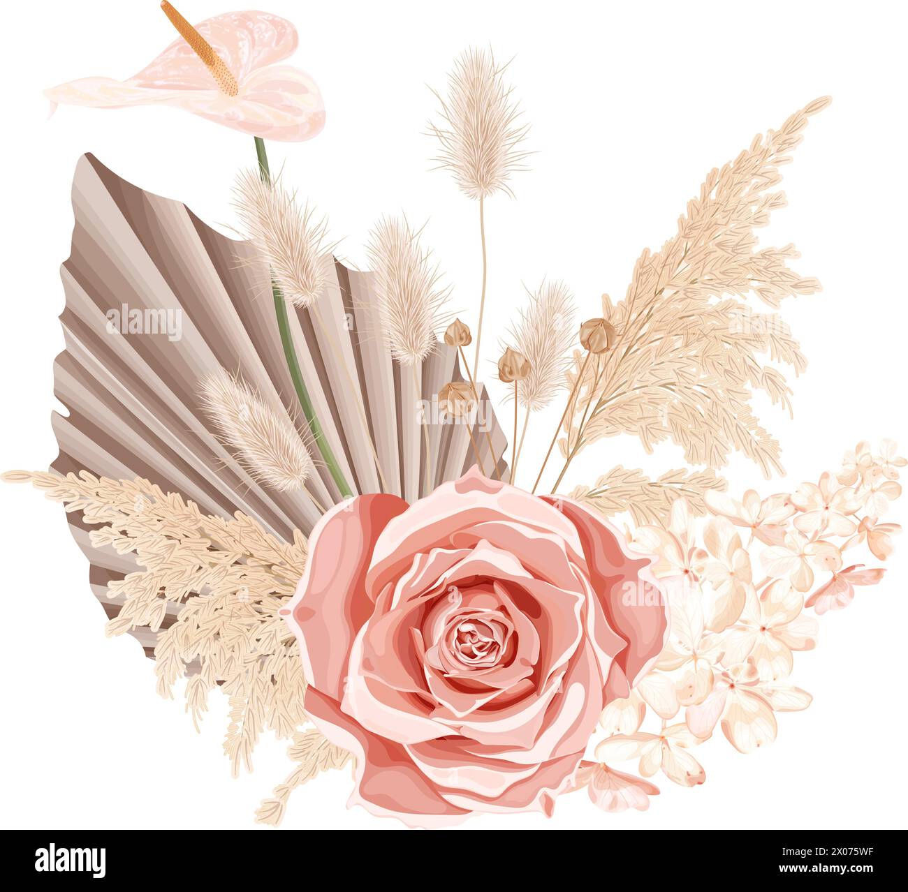 Tropical boho, bohemian bouquet with pink rose, reed, hydrangea ...