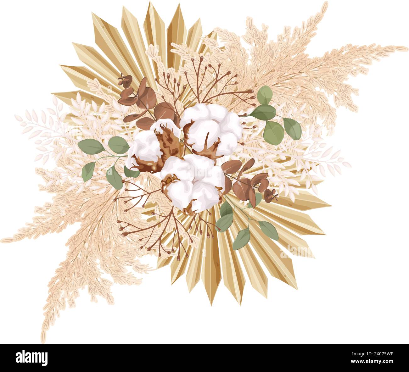 Tropical boho, bohemian bouquet with cotton flower, reed, eucalyptus ...