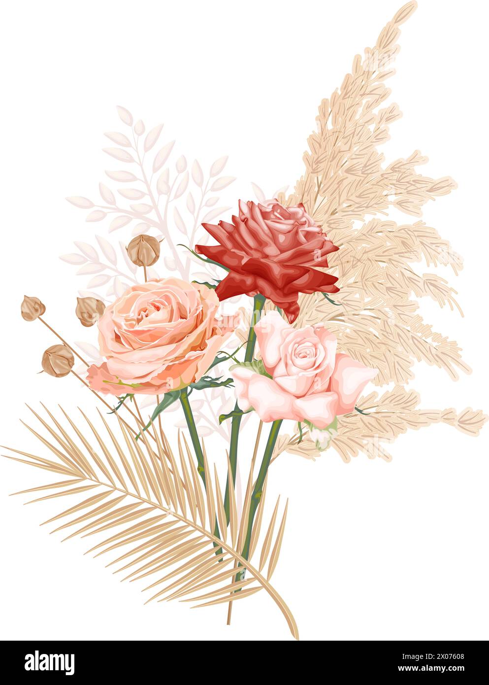 Tropical boho, bohemian bouquet with rose, reed, eucalyptus, palm leaf ...