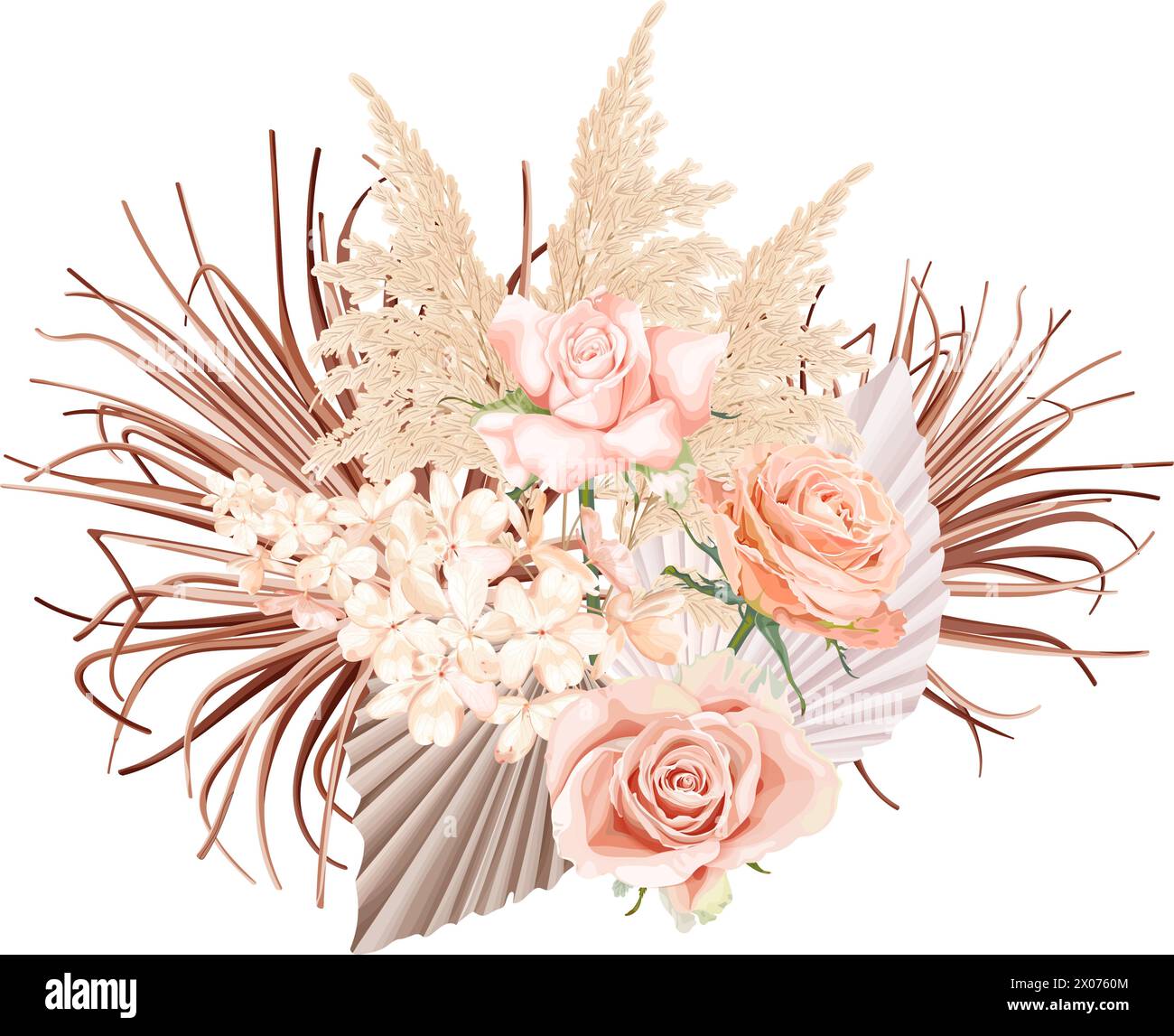 Tropical boho, bohemian bouquet with pink rose, reed, hydrangea and ...