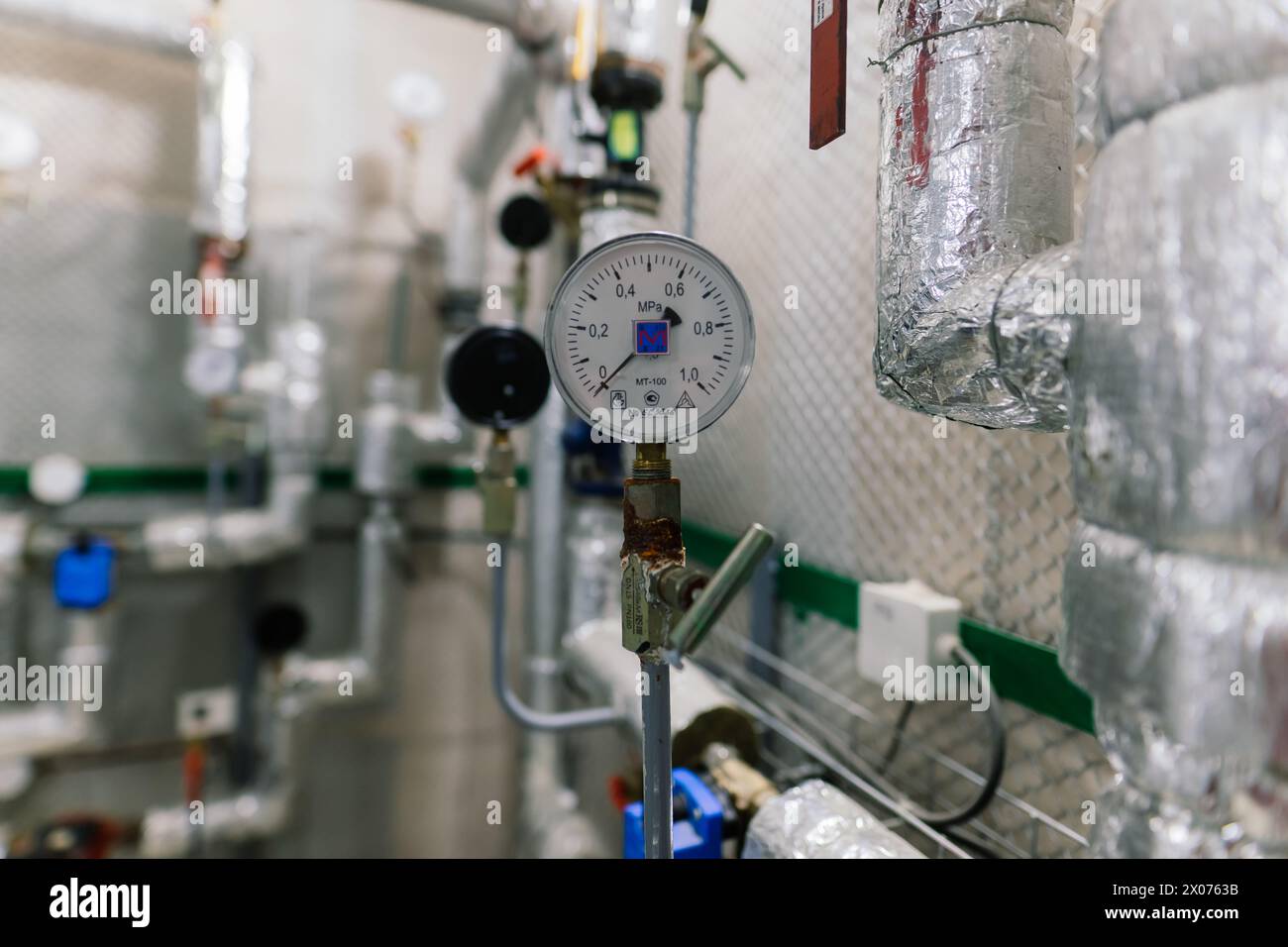 Pressure sensor in an industrial boiler room. Barometer in the heating ...