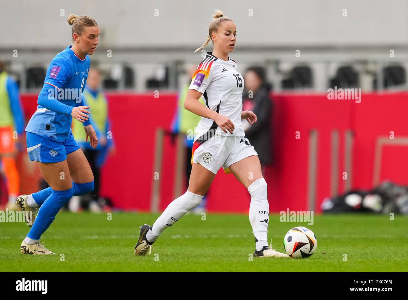 AACHEN, GERMANY - APRIL 9: Dilja Zomers of Iceland battles for the ball ...