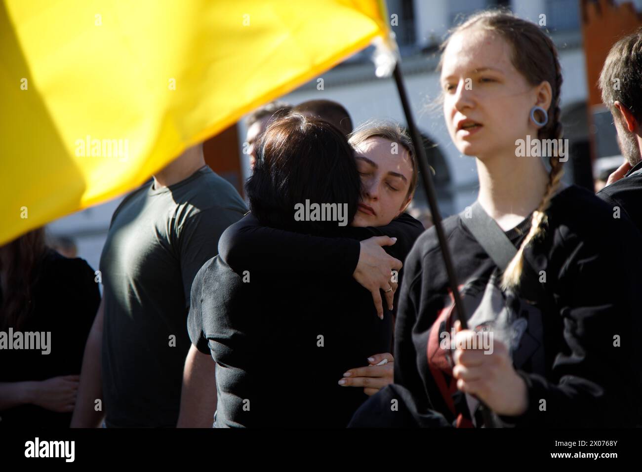 KYIV, UKRAINE - APRIL 9, 2024 - Women share an embrace during the ...