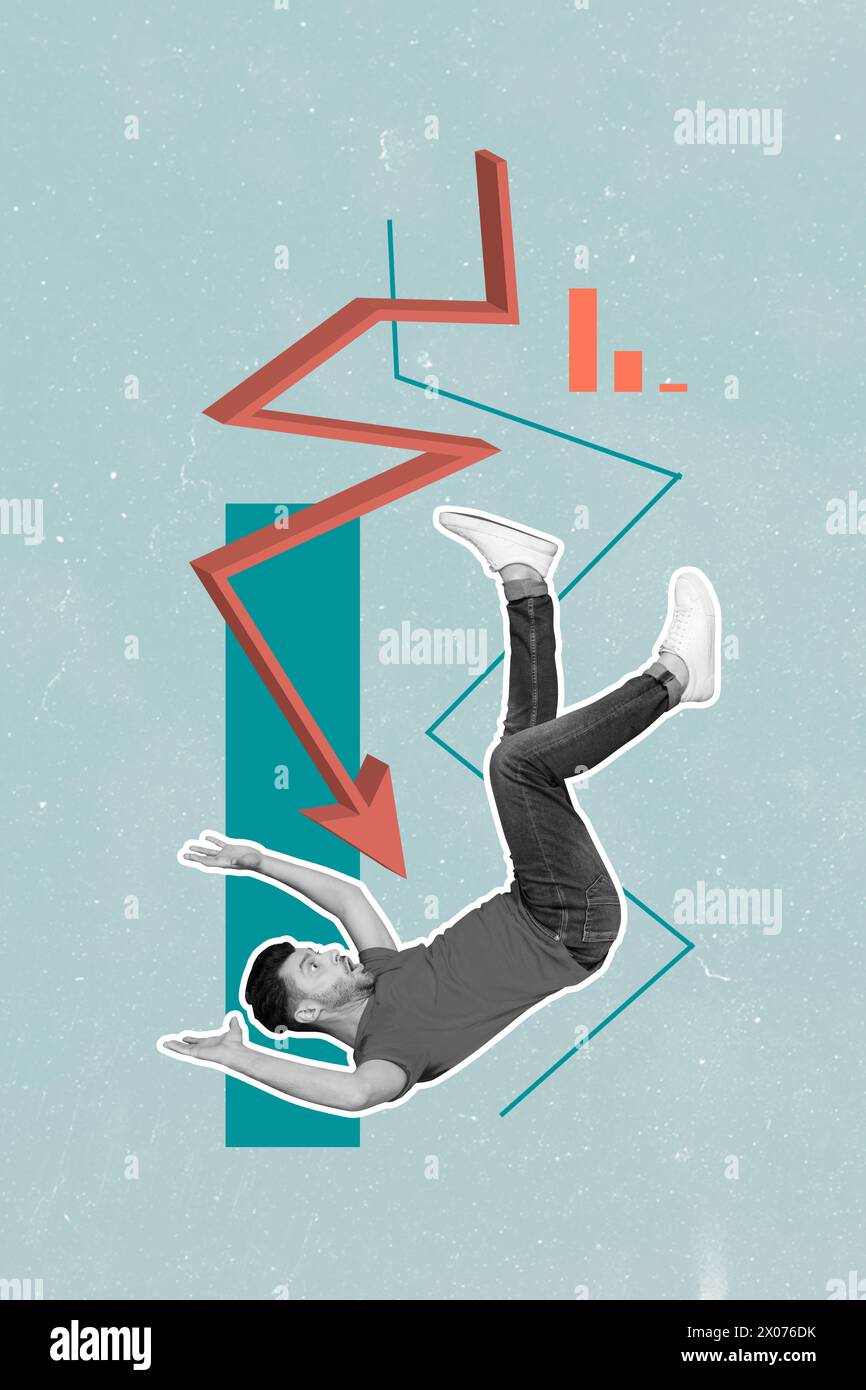 Vertical photo collage of young man scream fall arrow failure down ...