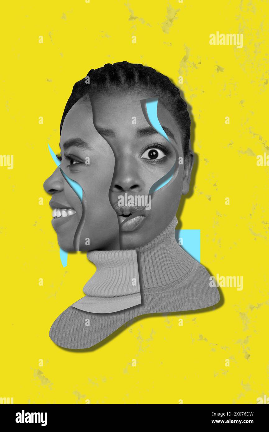 Vertical photo collage of crazy smile girl half face mental problem ...