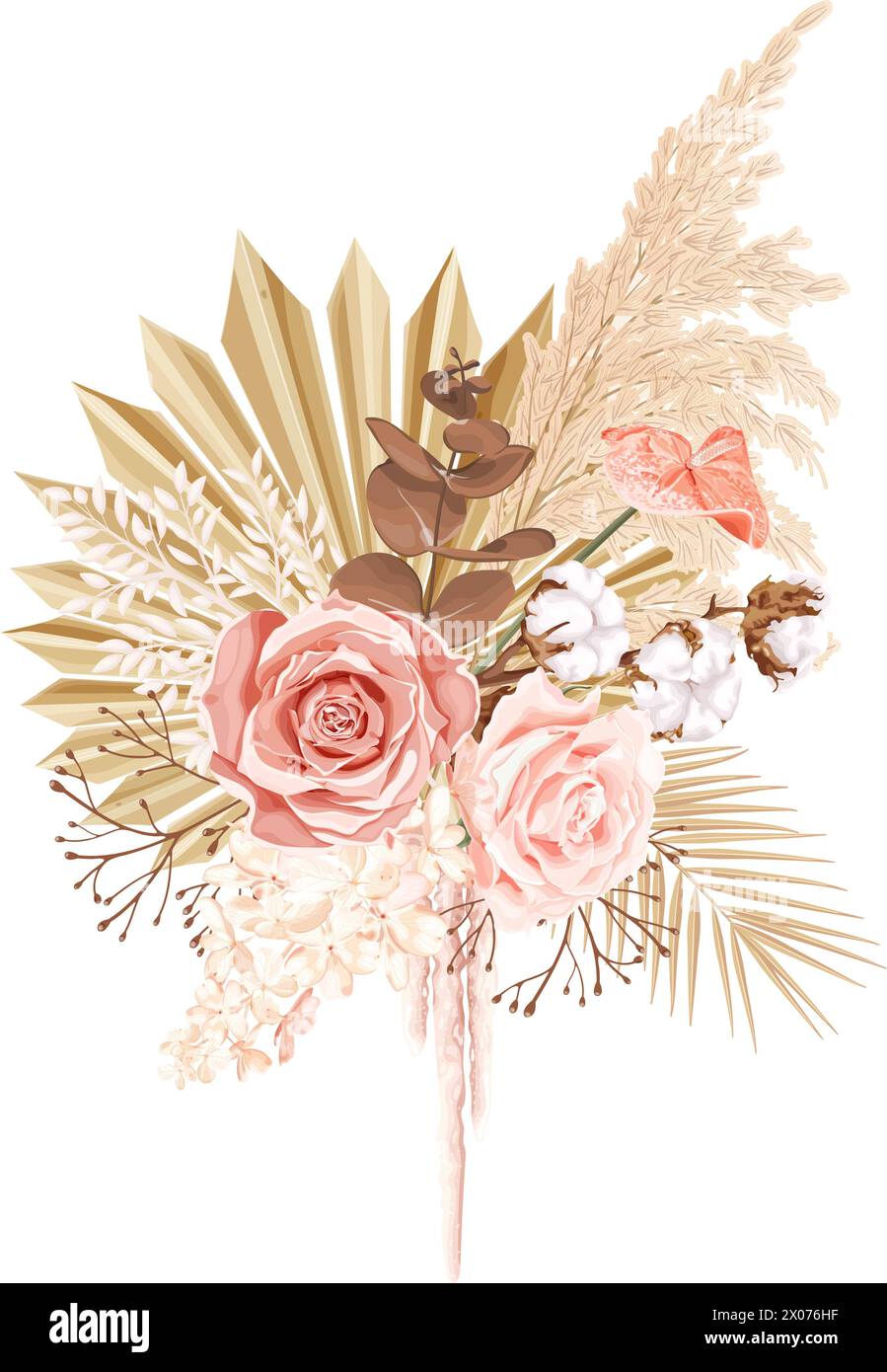 Tropical boho, bohemian bouquet with pink rose, reed, hydrangea ...