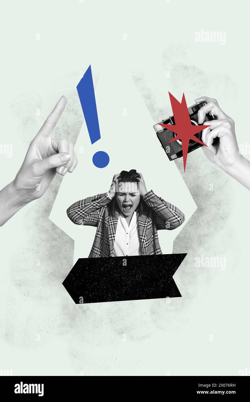 Vertical image collage of anxious angry woman scream shut ears hand ...