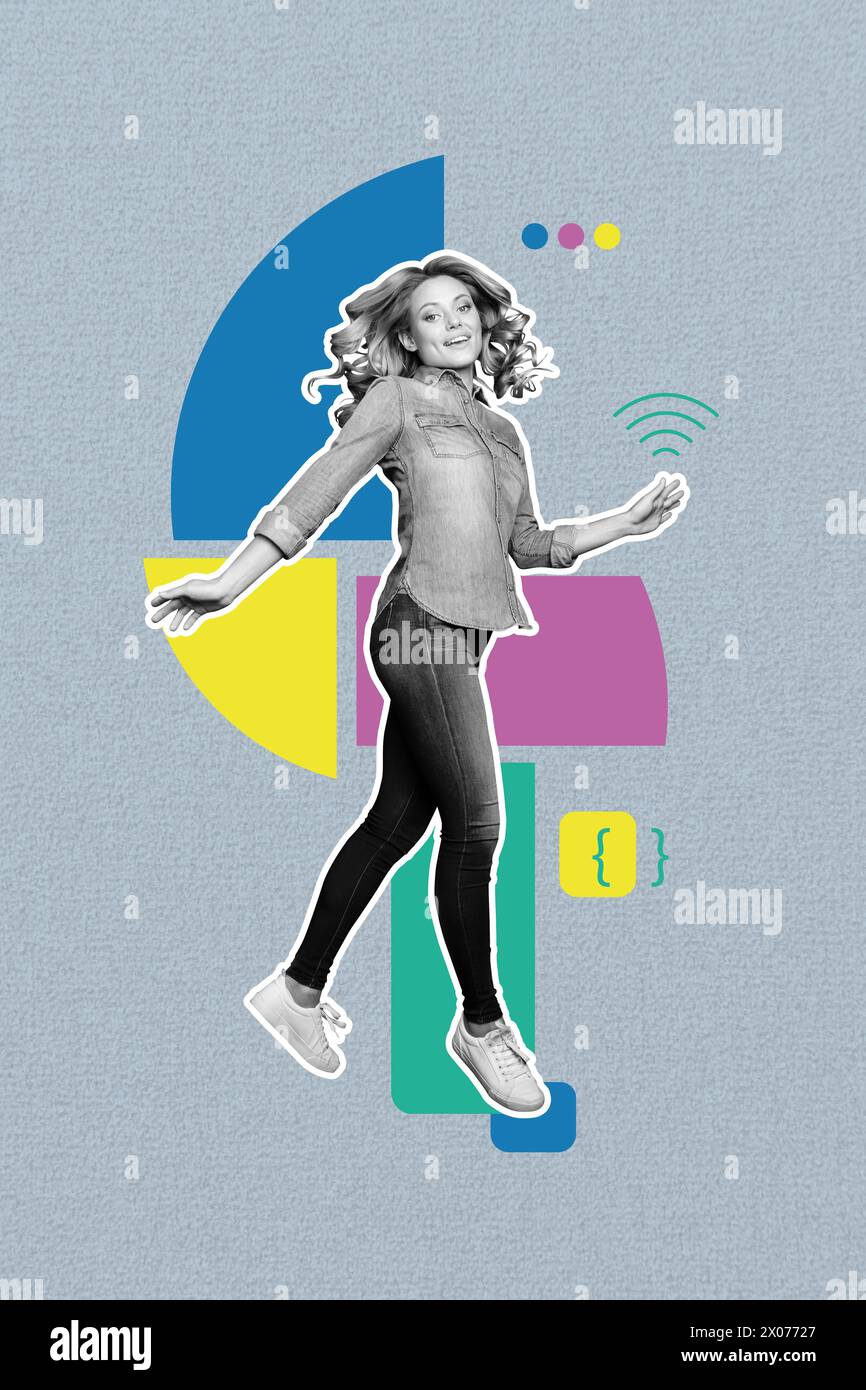 Vertical photo collage of serious businesswoman jump diagram statistics ...