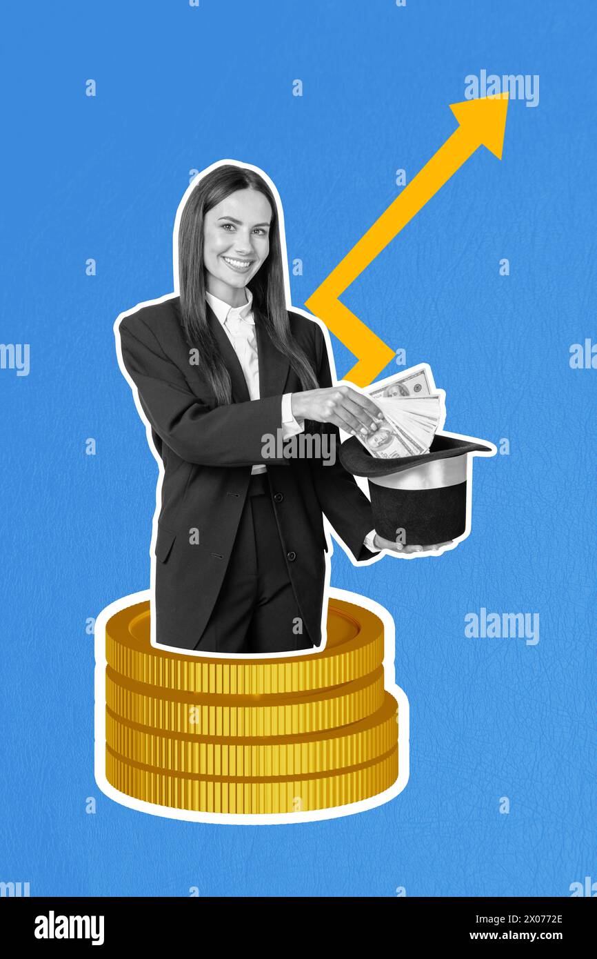 Vertical photo collage of happy businesswoman rich money dollar cash ...