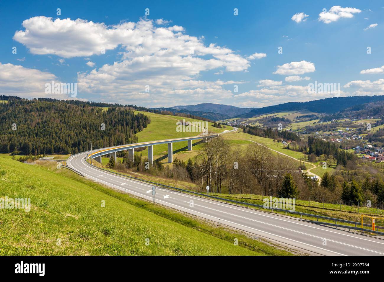 Highway through the mountainous country in the northwest of Slovakia ...