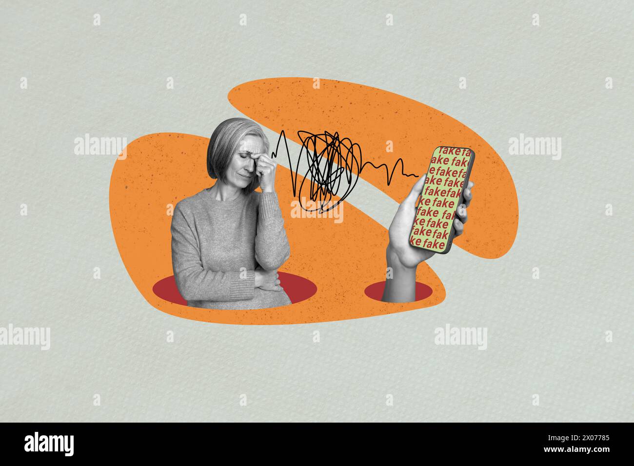 Composite image collage of upset woman headache problem hand hold ...