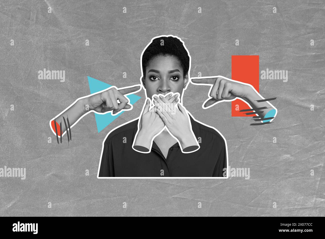 Composite photo collage of unhappy american girl hands shut up mouth ...