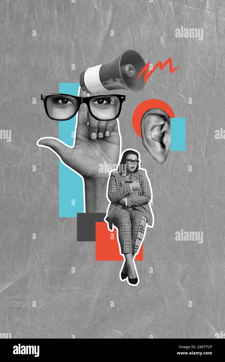 Vertical image collage of scared businesswoman hold ipad boss spy ear ...
