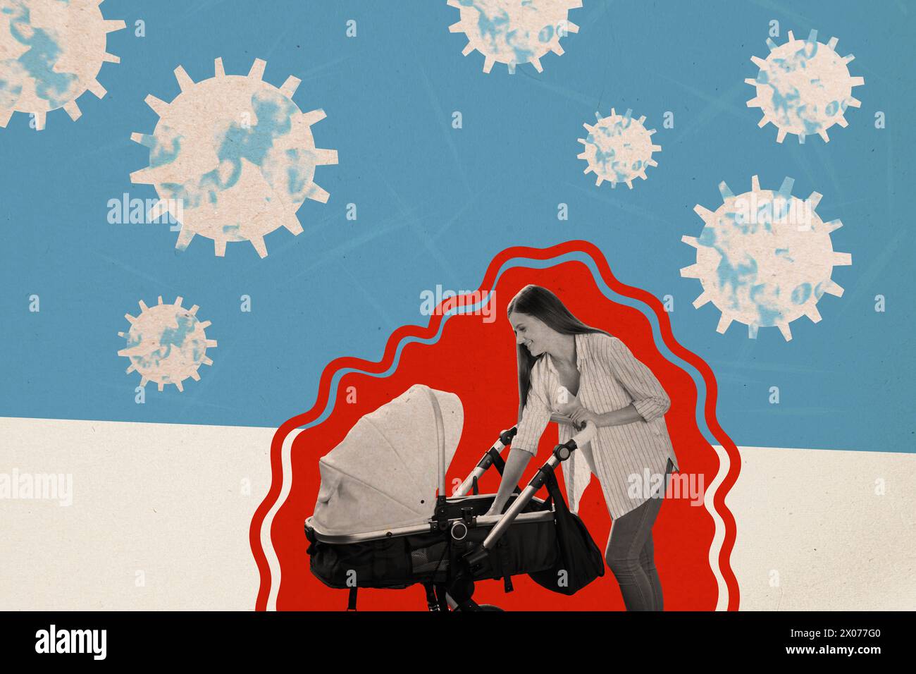 Creative poster collage of mother with baby pram parenthood healthcare ...