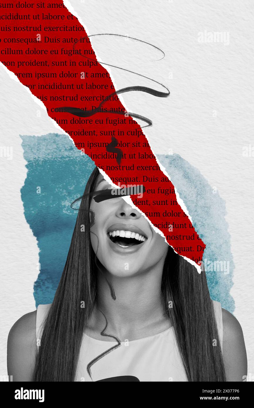 Vertical image collage of young girl blind eyeless laugh happiness ...