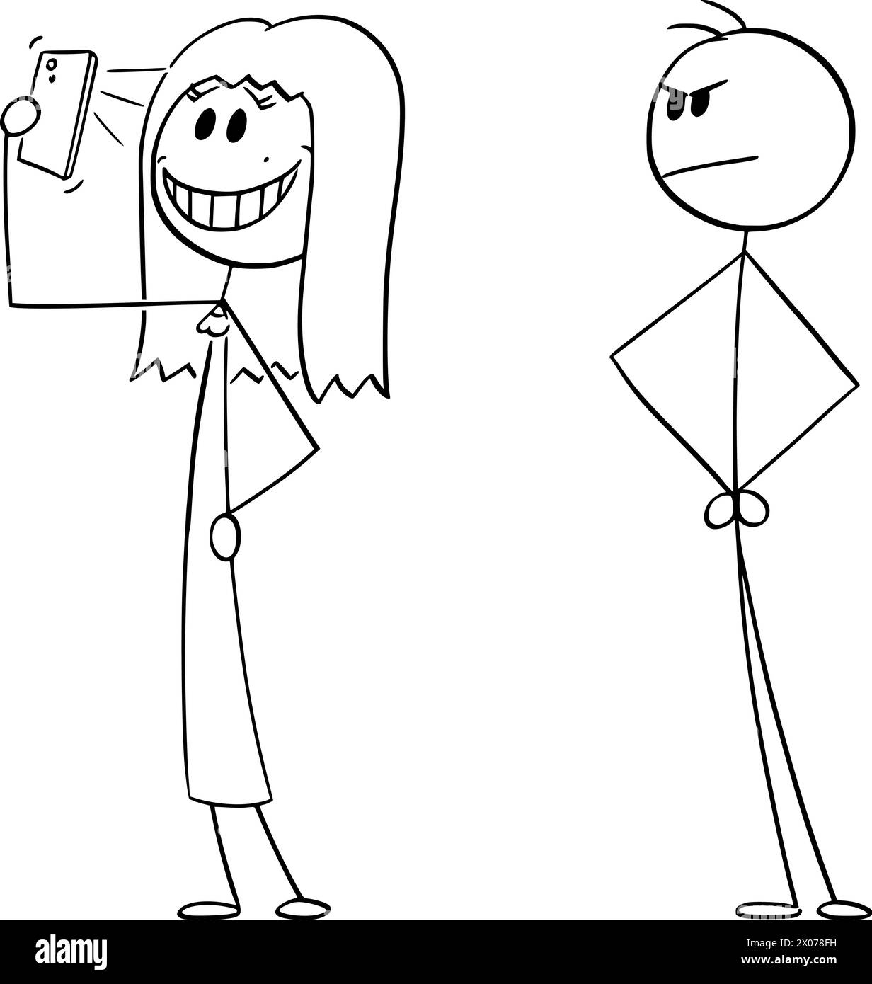 Woman Taking Selfie Man Is Looking Vector Cartoon Stick Figure