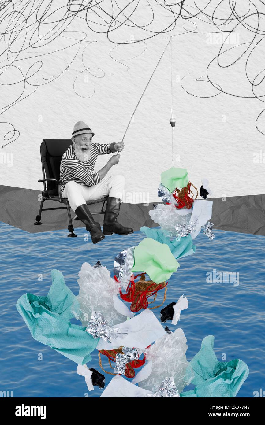 Vertical photo collage of grandfather fisherman catching microplastics ...