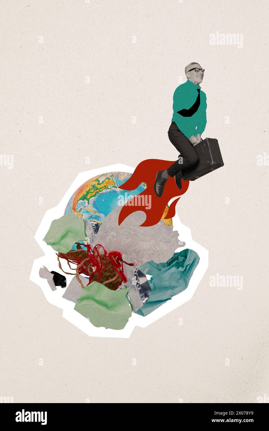 Abstract vertical collage old man flying over garbage irresponsible ...