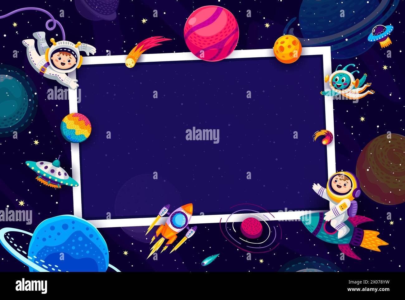 Galaxy space birthday photo frame background with cartoon kids ...