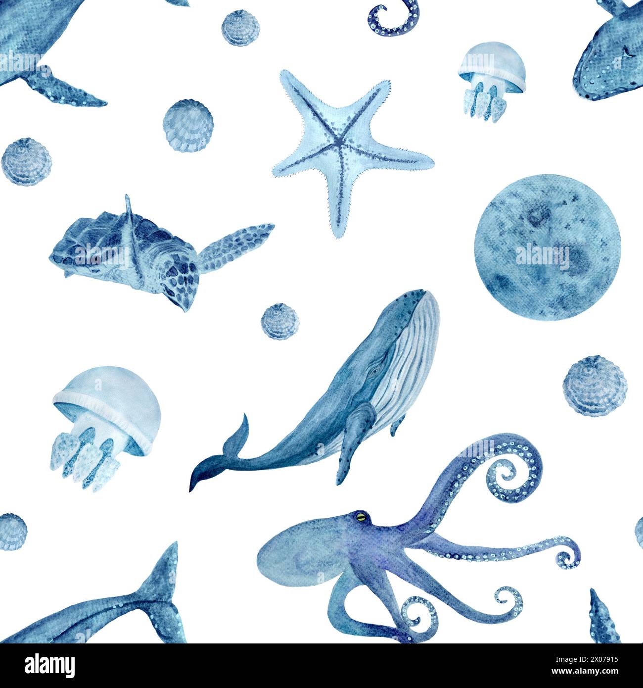 Sea life watercolor hand-drawn blue monochromatic seamless pattern ...