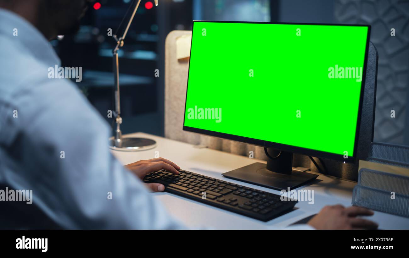 Close Up of a Businessman Working on Desktop Computer with Chroma Key ...