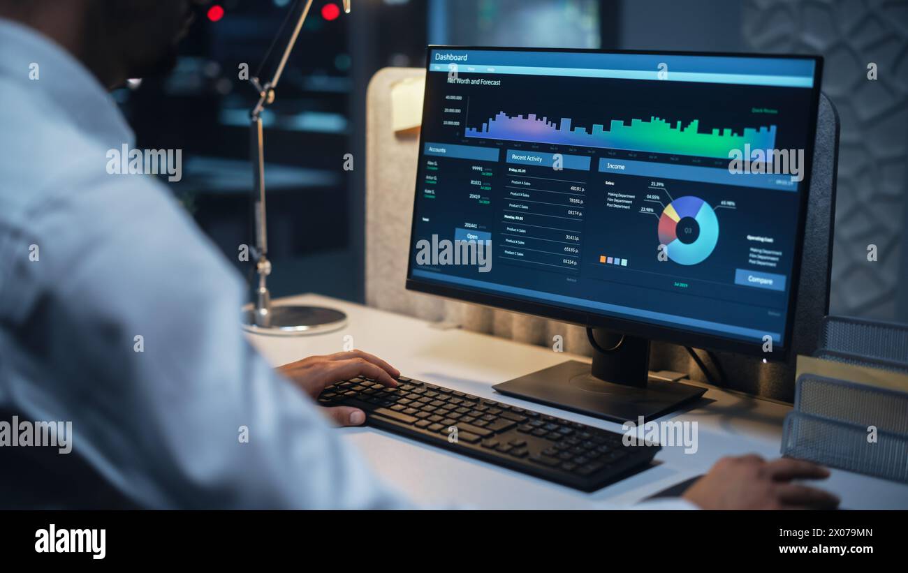 Close Up of a Businessman Working on Desktop Computer with Company's Growth, Statistics, Graphs ...