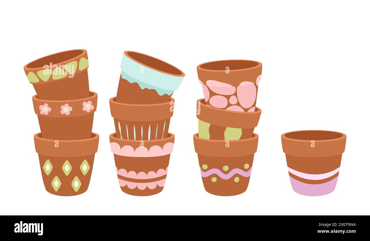 Empty, flower, clay pots. Stacked into each other. Vector on white ...