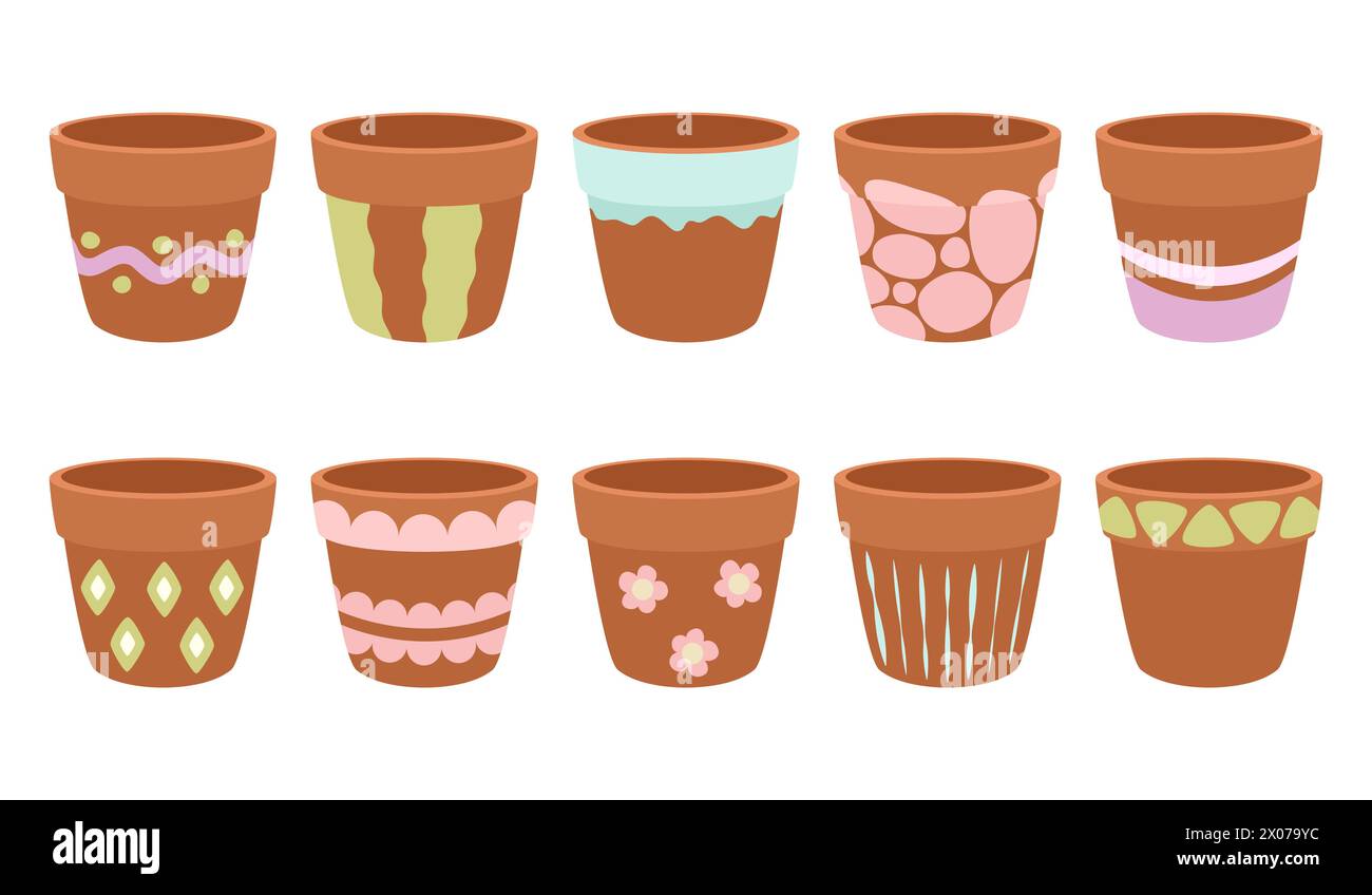 Empty, flower, clay pots. Vector set on white background Stock Vector ...