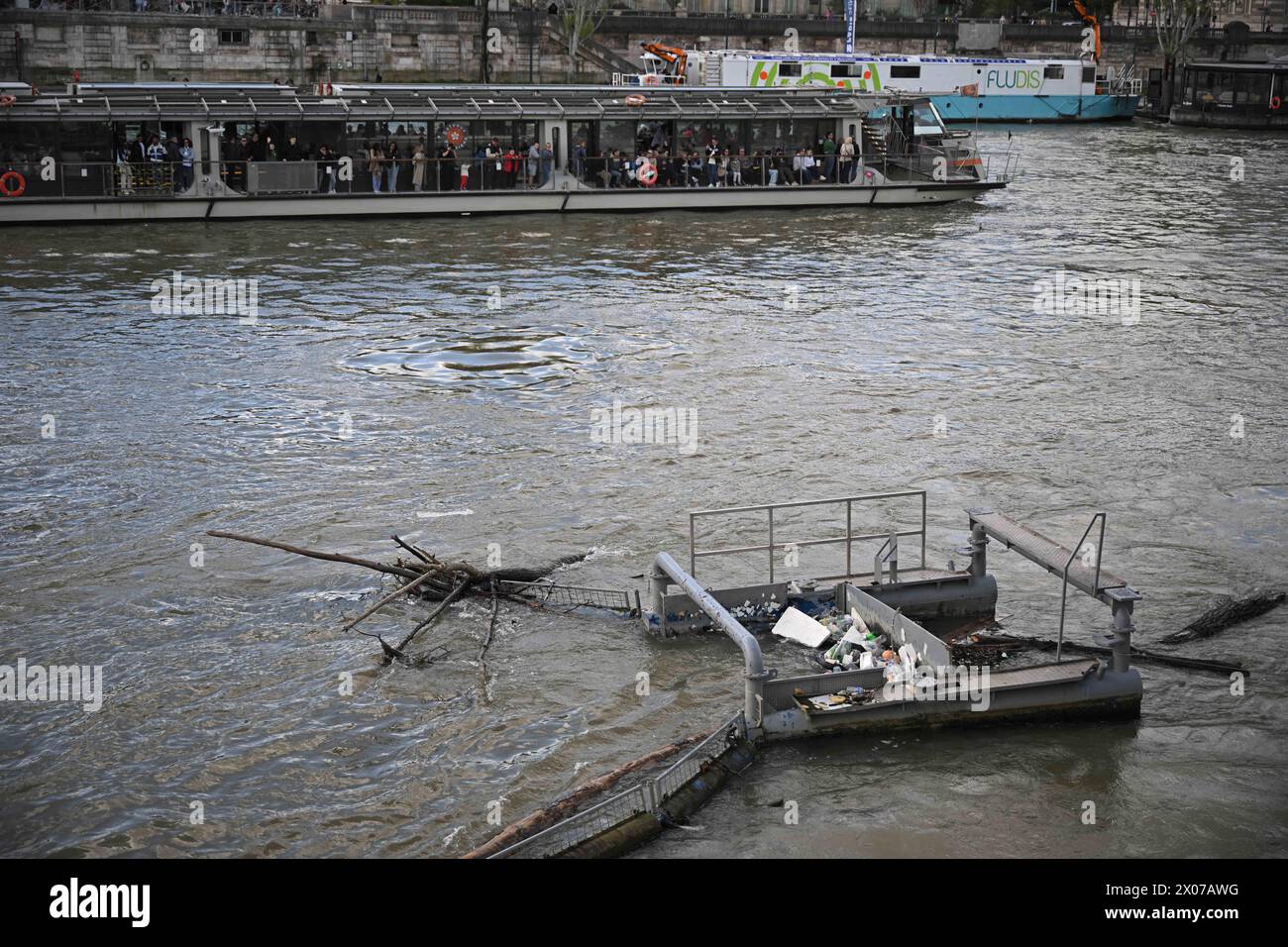 Paris, France, April 10, 2024. A view of garbage in the Seine River as ...