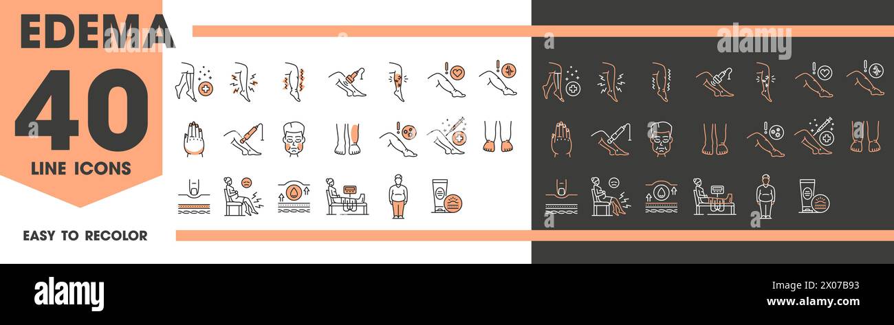 Edema line icons of leg foot and ankle disease symptoms of lymphatic ...
