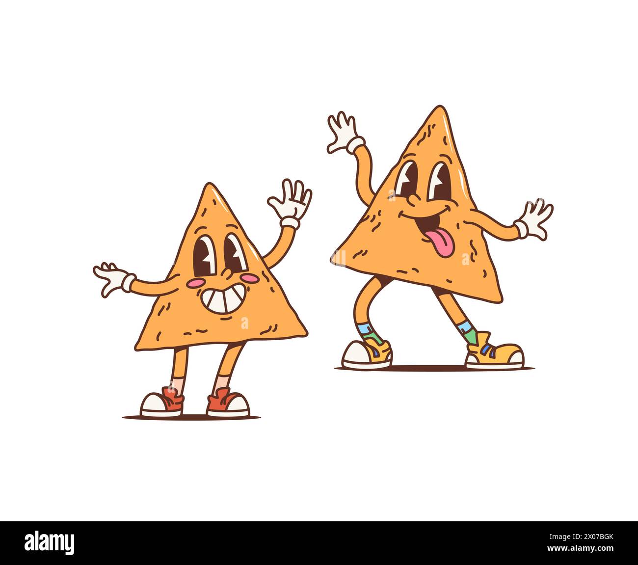 Cartoon retro Mexican nachos chips groovy characters or funky fast food ...