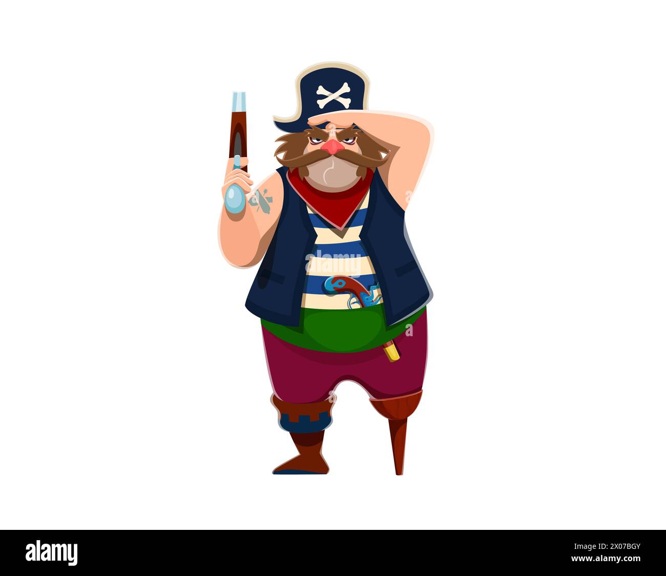 Cartoon pirate skipper character with pistol gun. Isolated vector one-legged burly, menacing ...