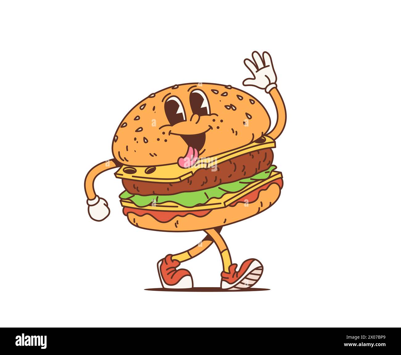 Cartoon retro cheeseburger groovy character waving hand and showing ...